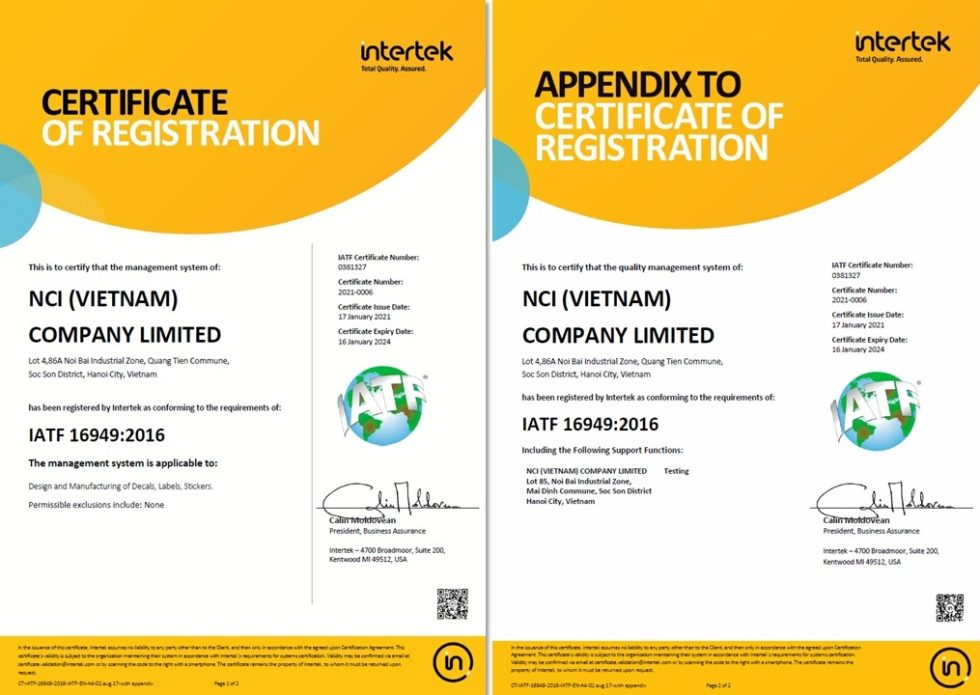 Certificate | NCI (VIETNAM) CO., LTD.
