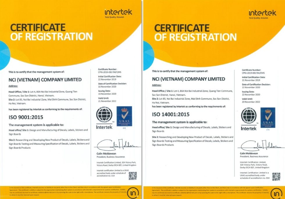Certificate | NCI (VIETNAM) CO., LTD.